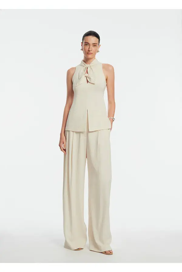 Lela Rose Linen Bow Top - Neutral / White