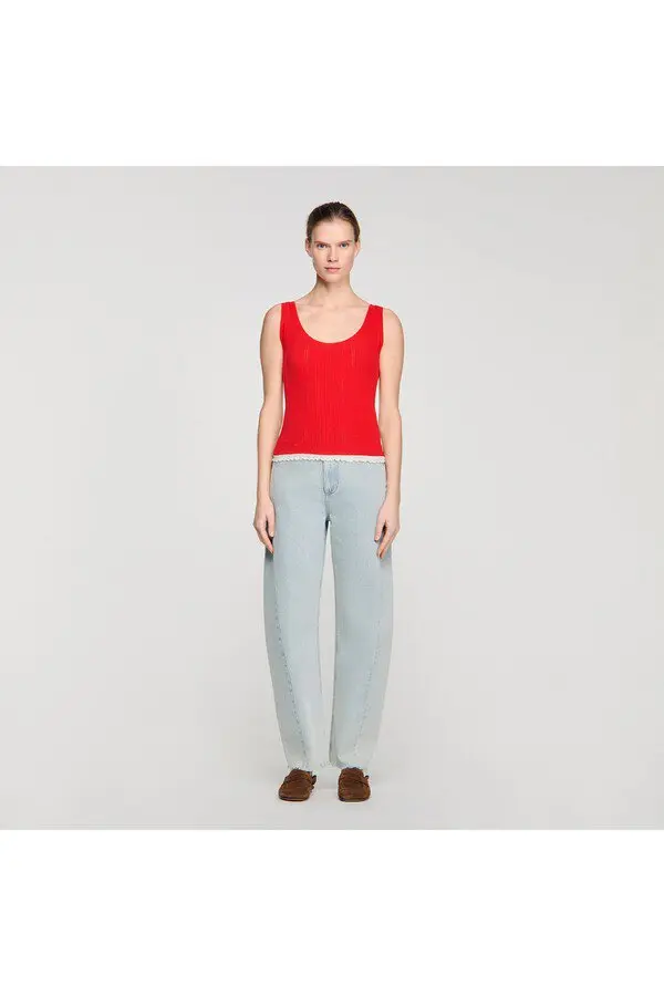 Sandro Knit Top With Lace Trim