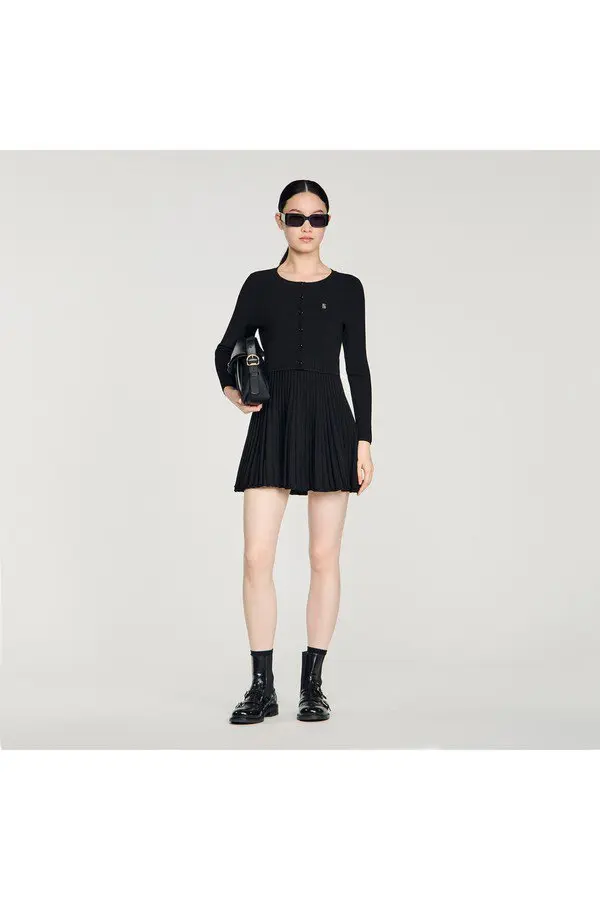 Sandro Pleated Knit Mini Dress - Black