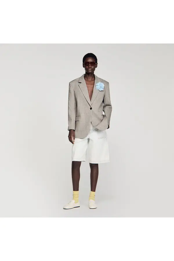 Sandro Checked Wool Suit Jacket With Brooch - Neutral