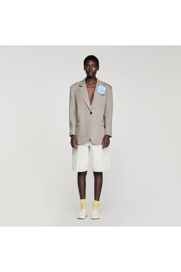 Sandro Checked Wool Suit Jacket With Brooch - Neutral