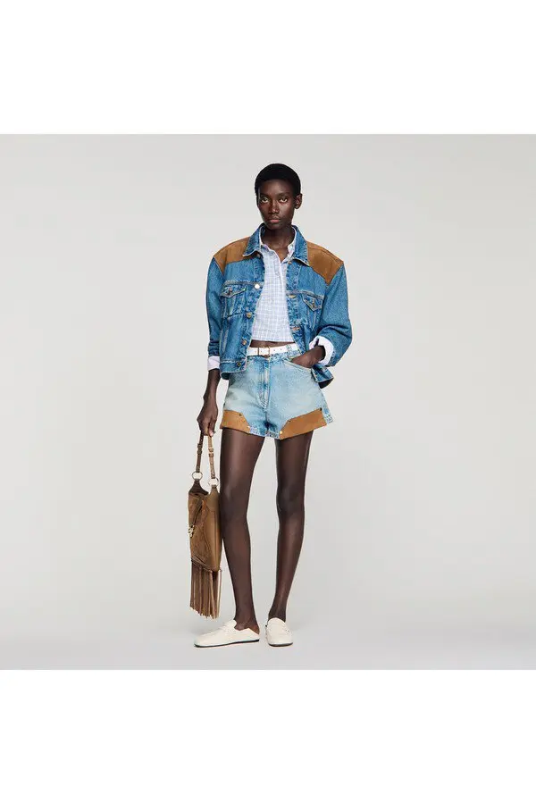 Sandro Cropped Sleeveless Denim Vest With Studded Pockets - Stripe / Grey