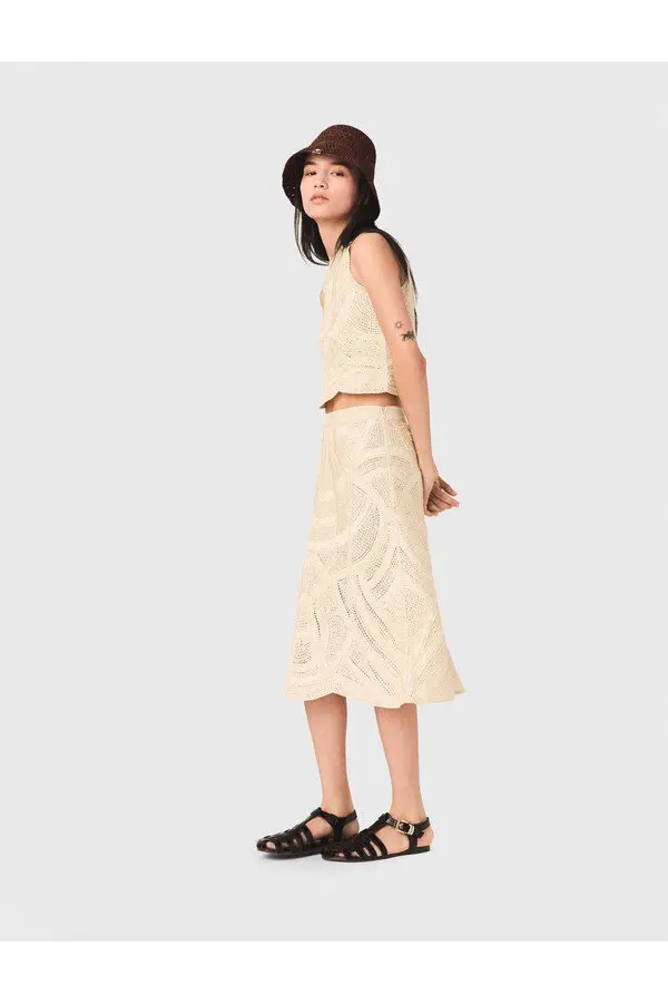 Maje Long Crochet Flared Skirt - Brown / Neutral