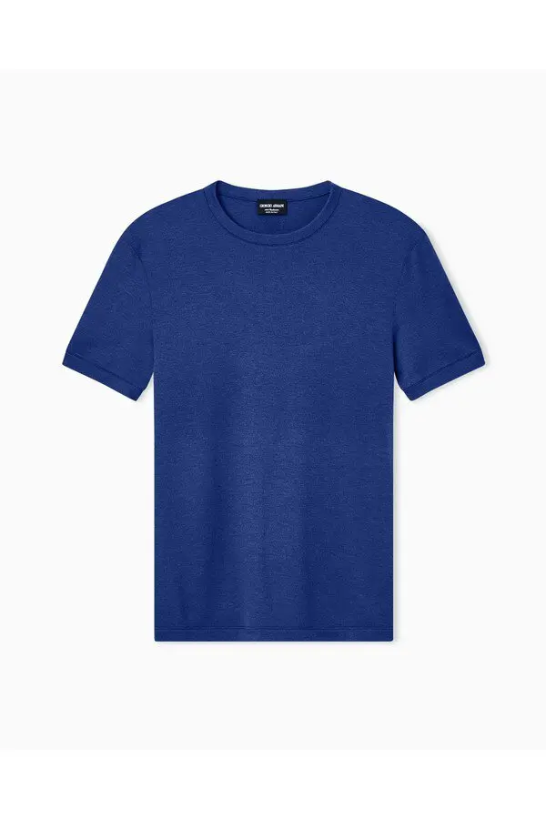 Giorgio Armani Asv Crew-neck, Short-sleeved Jumper In Cashmere Interlock - Blue