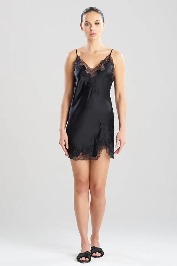 Natori Lolita Lace Trim Silk Chemise - Black