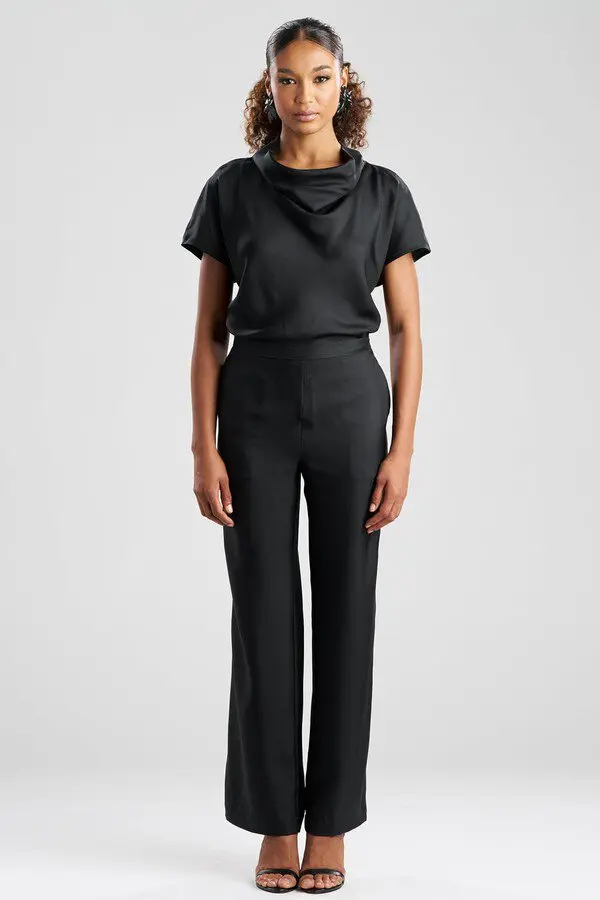 Natori Solid Silk Twill Pull On Straight Leg Pants - Black