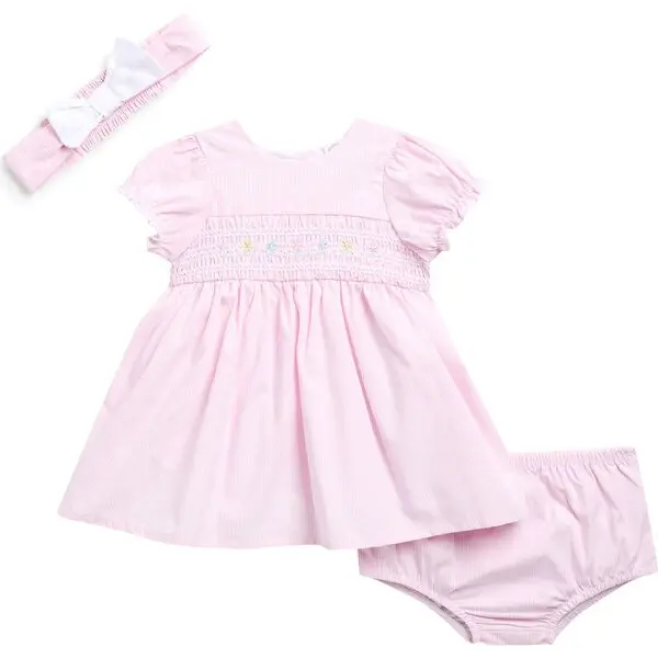 LITTLE ME Flower Embroidered Smocked Dress & Headband Set - Pink