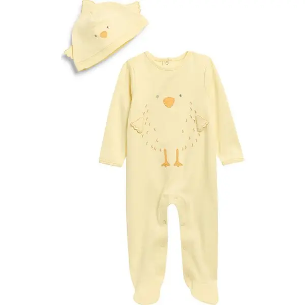 LITTLE ME Chick Cotton Footie & Hat Set - Yellow