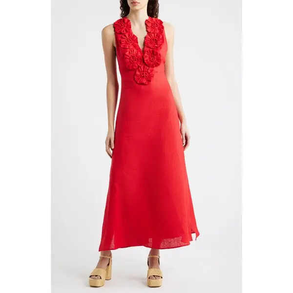 Farm Rio Floral Appliqué Linen Midi Dress - Red