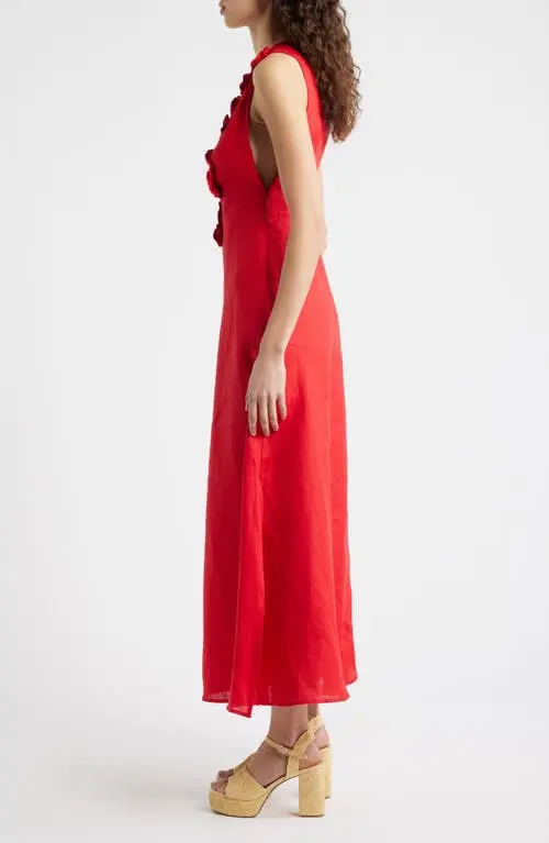 Farm Rio Floral Appliqué Linen Midi Dress