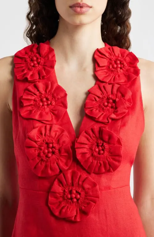 Farm Rio Floral Appliqué Linen Midi Dress