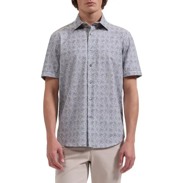 Bugatchi Miles Ooohcotton® Leaf Print Short Sleeve Button-up Shirt - Shark
