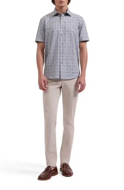 Bugatchi Miles Ooohcotton® Leaf Print Short Sleeve Button-up Shirt - Shark