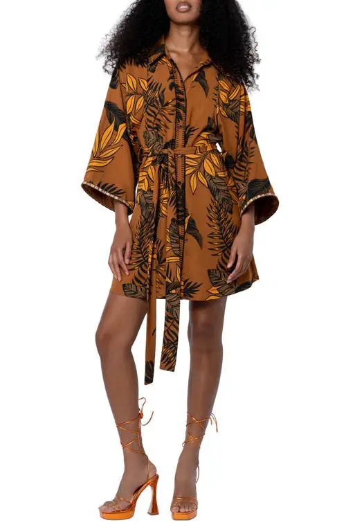 CIEBON Gaia Leaf Print Mini Shirtdress - Orange