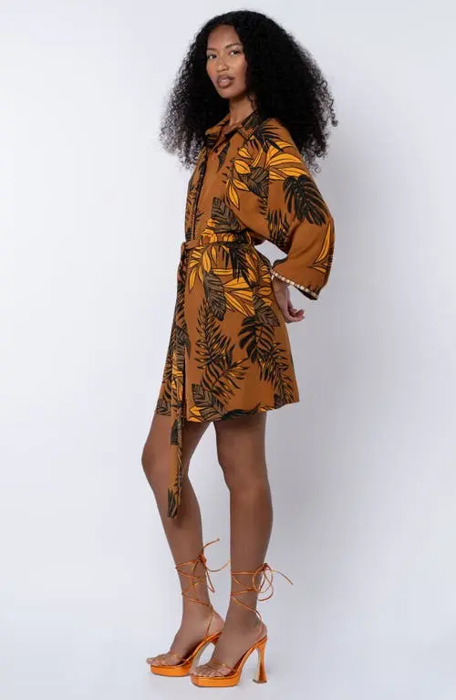 CIEBON Gaia Leaf Print Mini Shirtdress