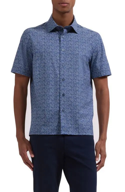 Bugatchi Milo Ooohcotton® Leaf Print Short Sleeve Button-up Shirt - Cobalt