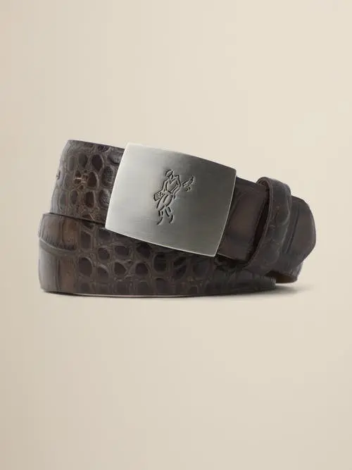 ASHWORTH GOLF Embossed Croc Belt With Plaque Buckle - Chocolate Brown