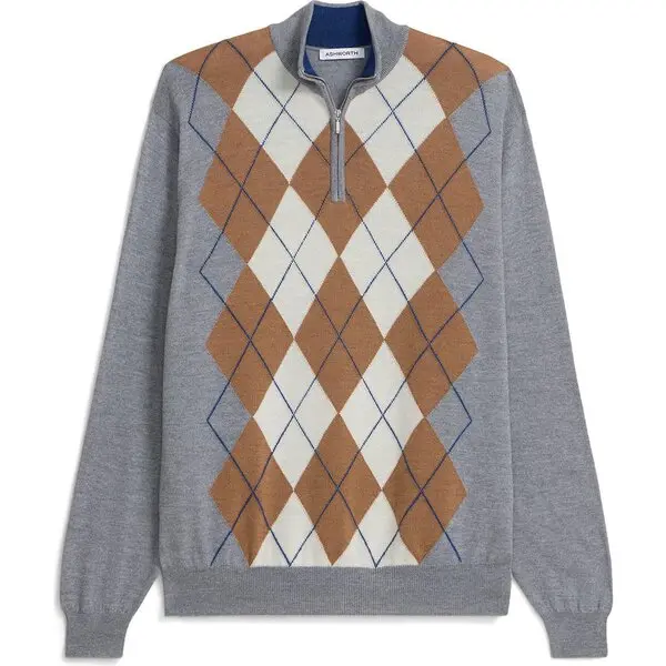 ASHWORTH GOLF Extrafine Merino Argyle Quarter Zip - Silver Multi