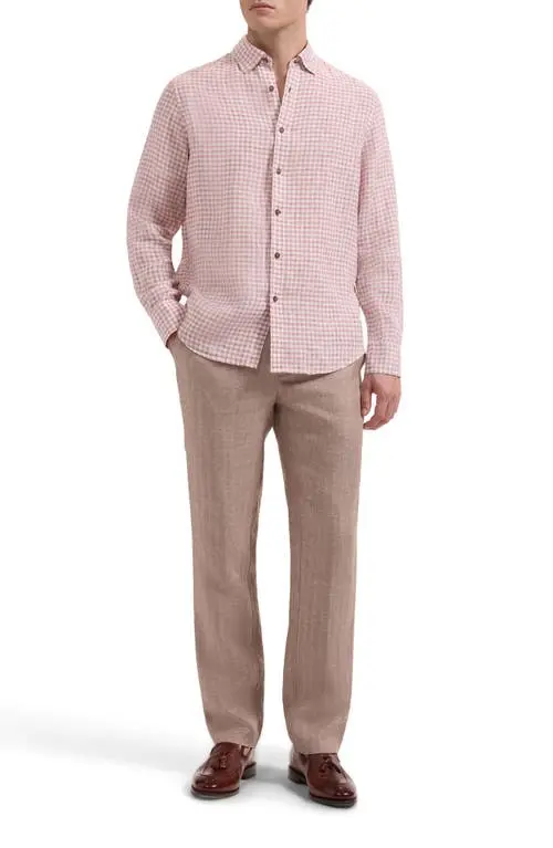 Bugatchi Karl Shaped Fit Gingham Check Linen Button-up Shirt - Brick