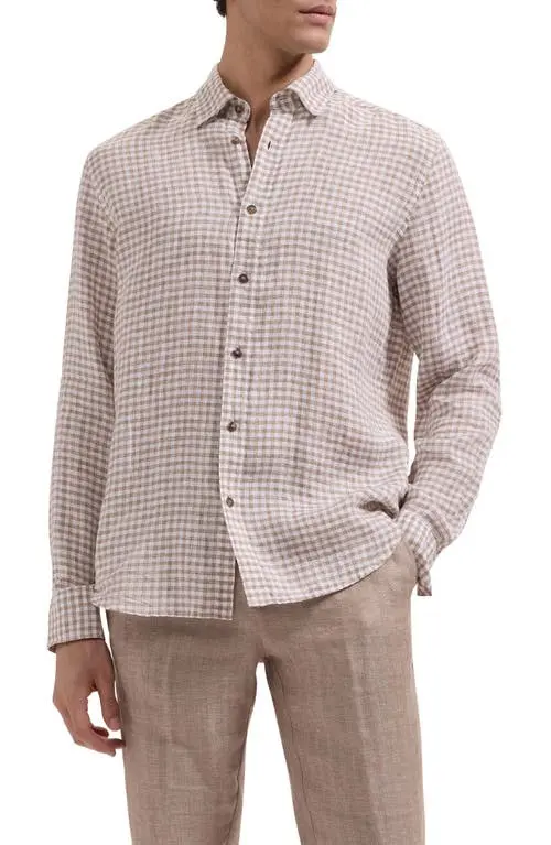Bugatchi Karl Shaped Fit Gingham Check Linen Button-up Shirt - Olive