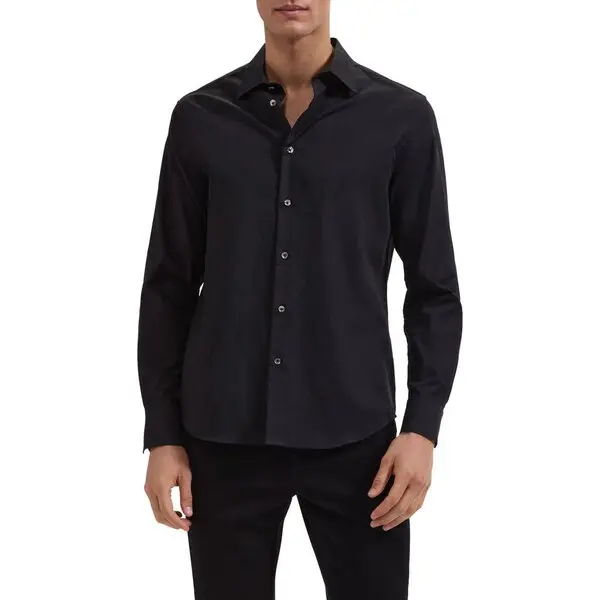 Bugatchi Julian Shaped Fit Floral Jacquard Stretch Cotton Button-up Shirt - Black