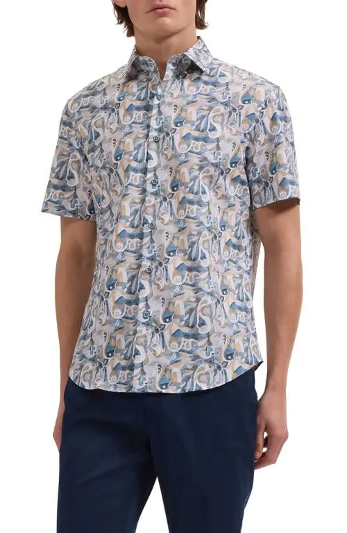 Bugatchi Orson Shaped Fit Abstract Paisley Short Sleeve Stretch Cotton Button-up Shirt - Cobalt