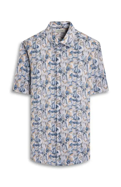 Bugatchi Orson Shaped Fit Abstract Paisley Short Sleeve Stretch Cotton Button-up Shirt - Cobalt