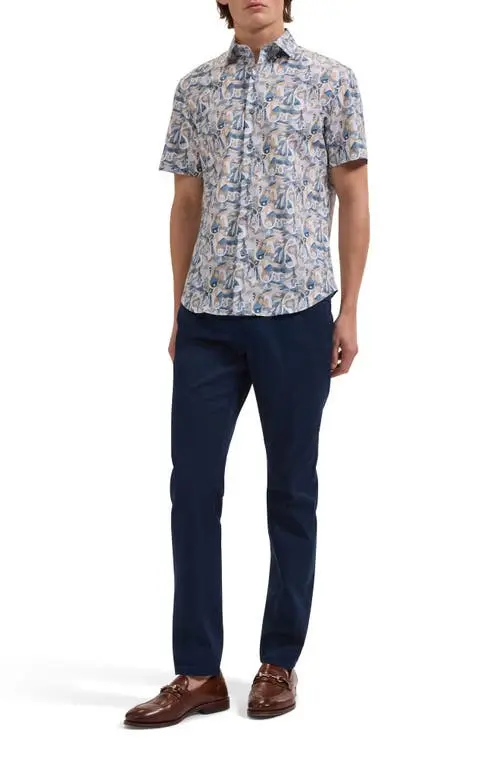 Bugatchi Orson Shaped Fit Abstract Paisley Short Sleeve Stretch Cotton Button-up Shirt - Cobalt