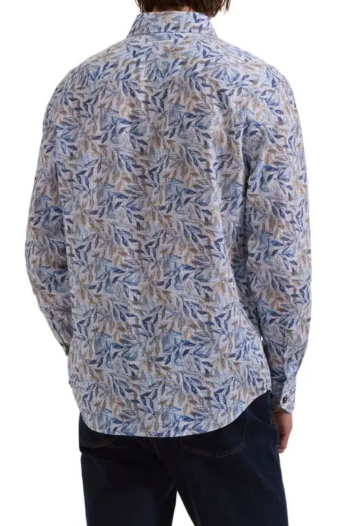 Bugatchi Julian Shaped Fit Leaf Print Cotton & Linen Button-up Shirt - Cobalt