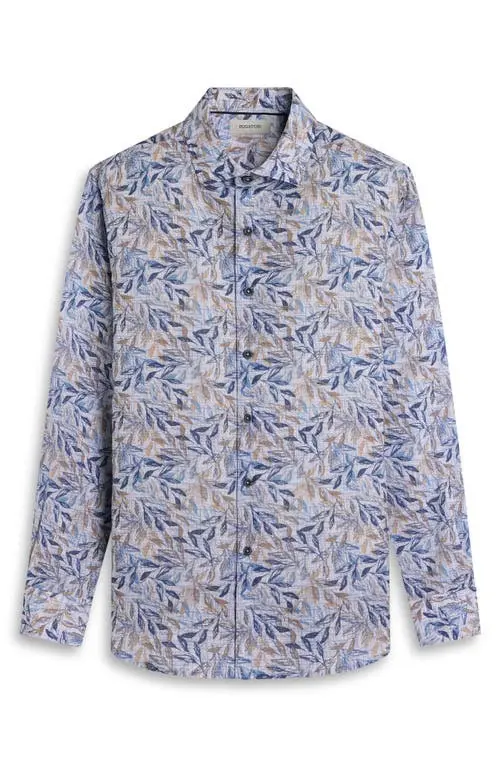 Bugatchi Julian Shaped Fit Leaf Print Cotton & Linen Button-up Shirt - Cobalt