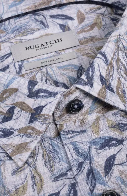 Bugatchi Julian Shaped Fit Leaf Print Cotton & Linen Button-up Shirt - Cobalt