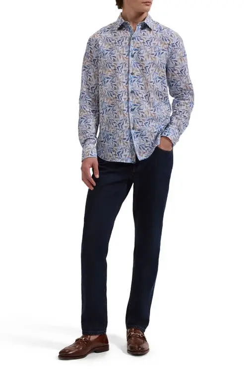 Bugatchi Julian Shaped Fit Leaf Print Cotton & Linen Button-up Shirt - Cobalt