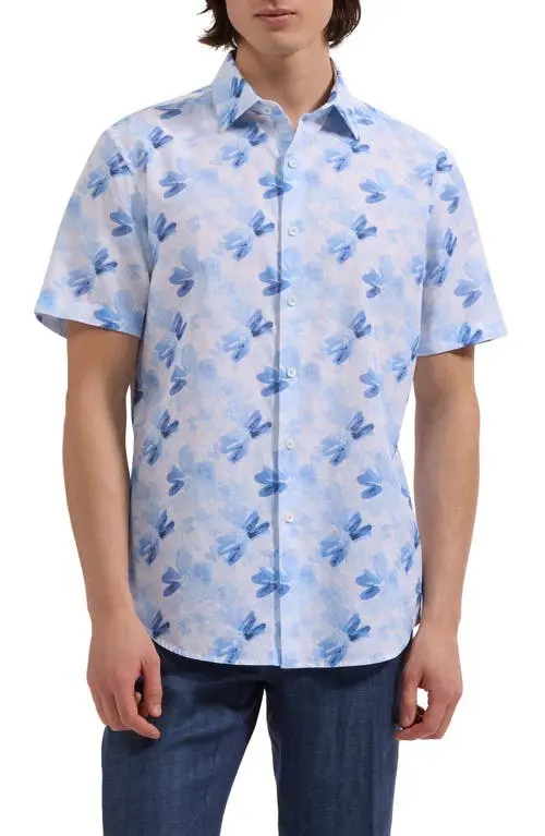 Bugatchi Orson Shaped Fit Abstract Floral Short Sleeve Linen & Cotton Button-up Shirt - Classic Blue