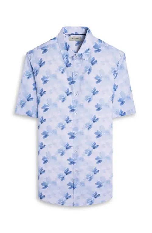 Bugatchi Orson Shaped Fit Abstract Floral Short Sleeve Linen & Cotton Button-up Shirt - Classic Blue