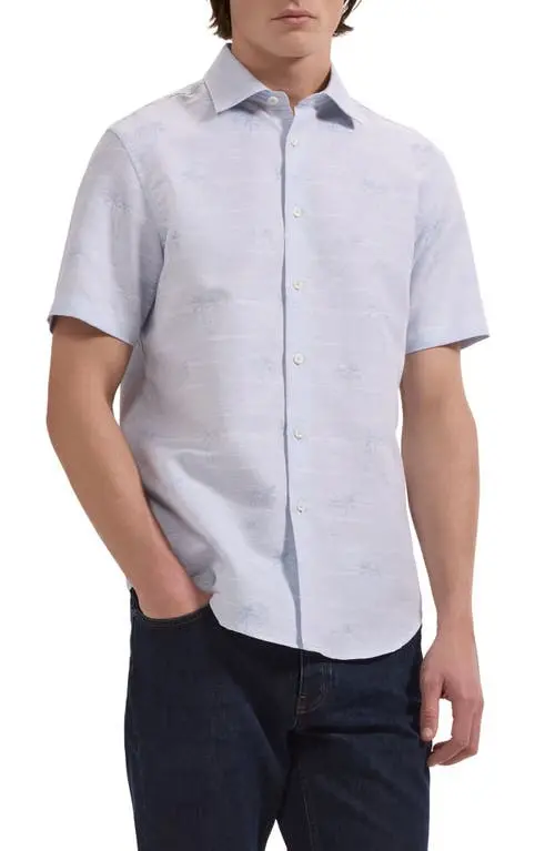Bugatchi Orson Short Sleeve Cotton & Linen Button-up Shirt - Air Blue