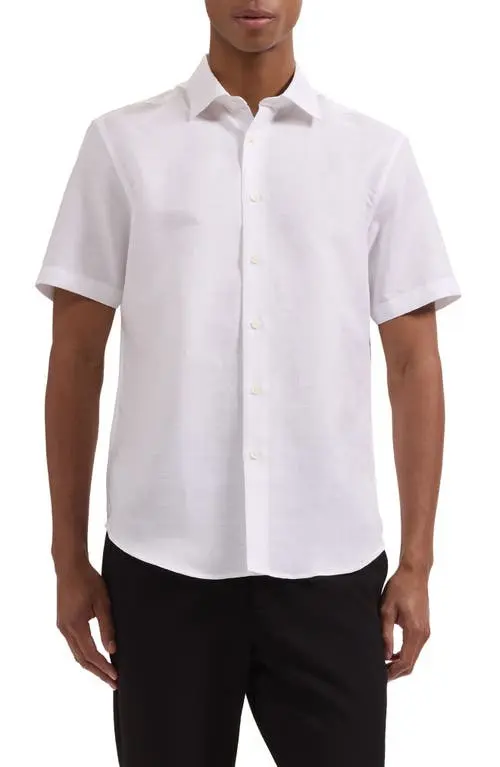 Bugatchi Orson Short Sleeve Cotton & Linen Button-up Shirt - White