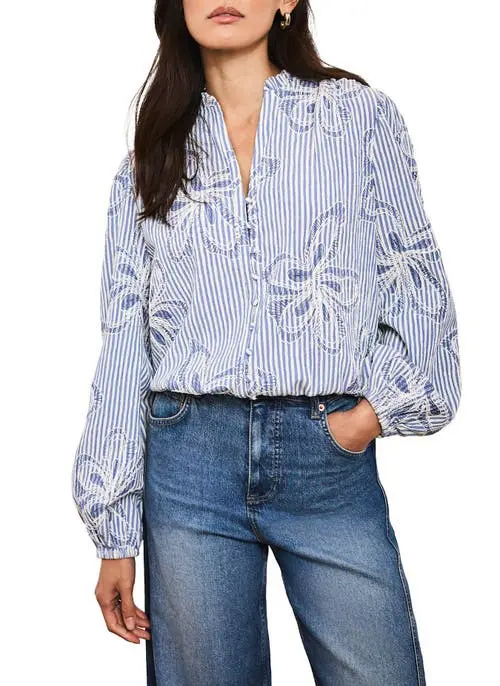 Mint Velvet Striped Embroidered Floral Blouse - Blue