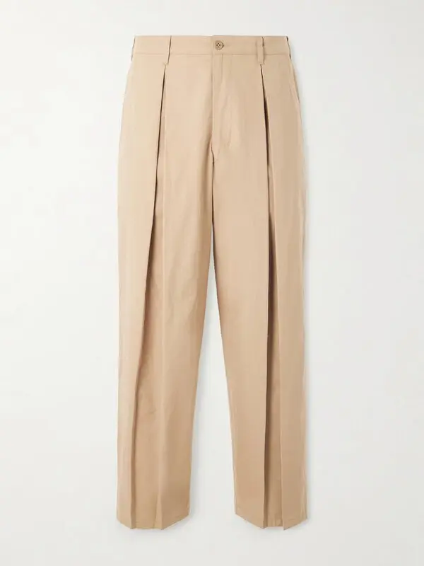 MONITALY Wide-leg Cropped Pleated Cotton Trousers - Neutrals