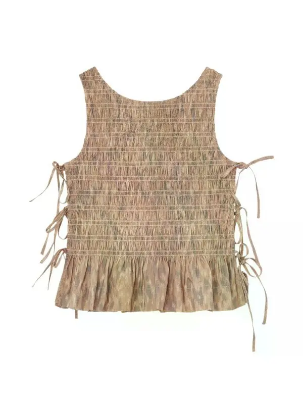 GANNI Shirred Tie Blouse Sleeveless, Smocked, Ruffled Hem - Neutrals