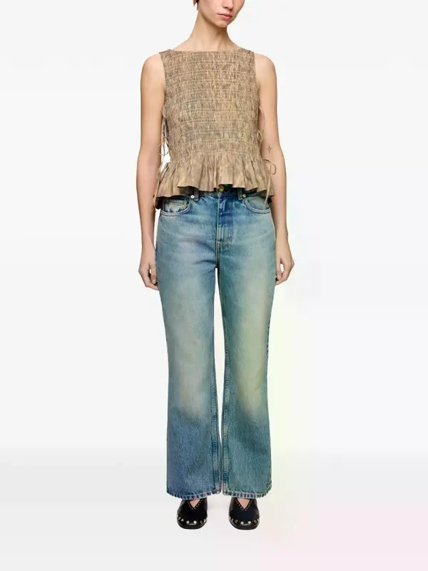 GANNI Shirred Tie Blouse Sleeveless, Smocked, Ruffled Hem - Neutrals