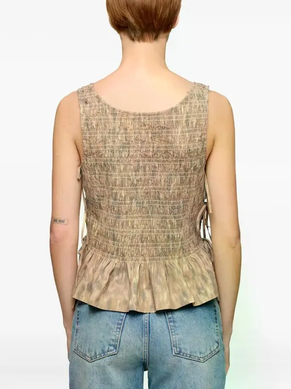 GANNI Shirred Tie Blouse Sleeveless, Smocked, Ruffled Hem - Neutrals