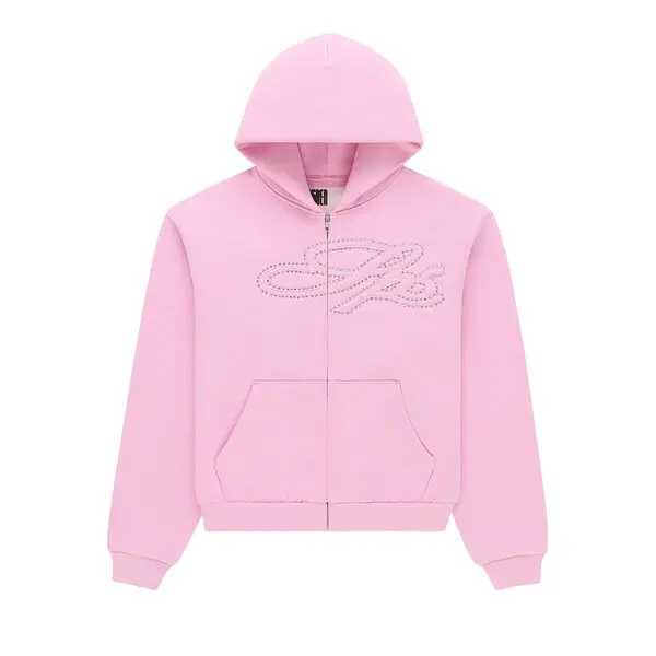 SP5DER Rhinestone Script Zip Hoodie 'light - Pink