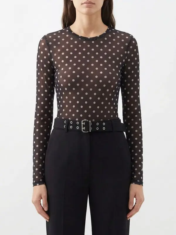 GANNI Polka Dot Mesh Long Sleeve Top - Black