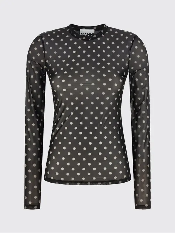 GANNI Polka Dot Mesh Long Sleeve Top - Black