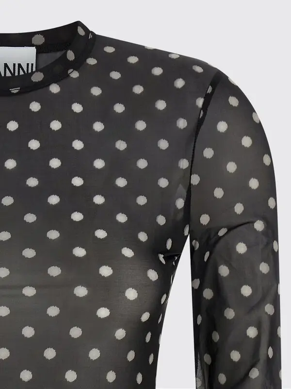 GANNI Polka Dot Mesh Long Sleeve Top - Black