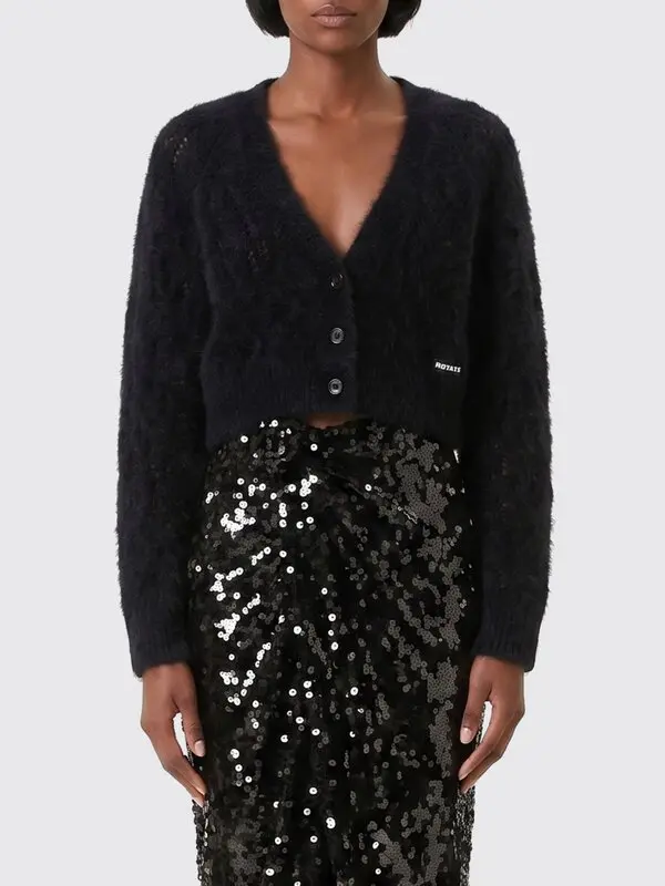 ROTATE BY BIRGER CHRISTENSEN Cropped Cable Knit V-neck Cardigan - Black