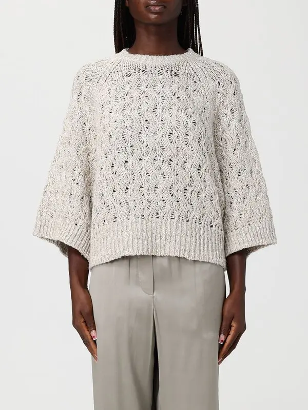 Brunello Cucinelli Silk Blend Knit Top With Embroidered Sequins - Beige