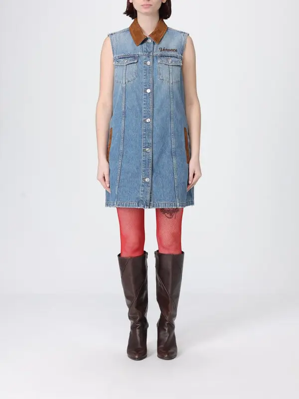 Versace Sleeveless Shirt Dress With Lambskin Trim - Blue
