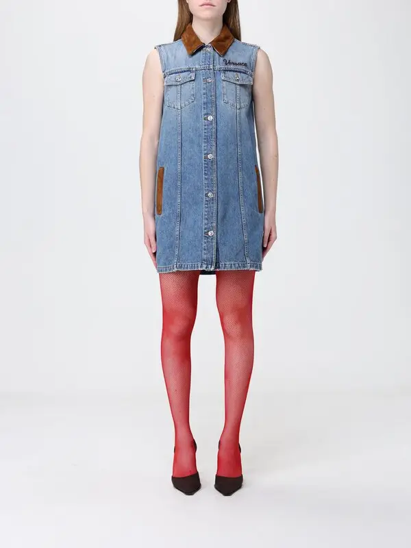 Versace Sleeveless Shirt Dress With Lambskin Trim - Denim