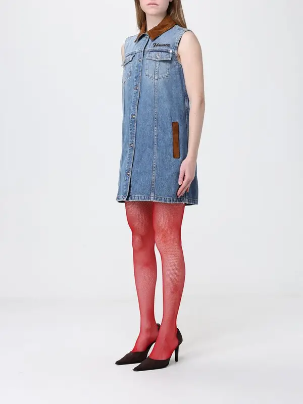 Versace Shirt Dress With Lambskin Leather Trim - Denim